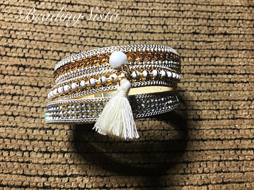 Cuff Leather Rhinestone Unique Mixed Chain Bracelet - Etsy