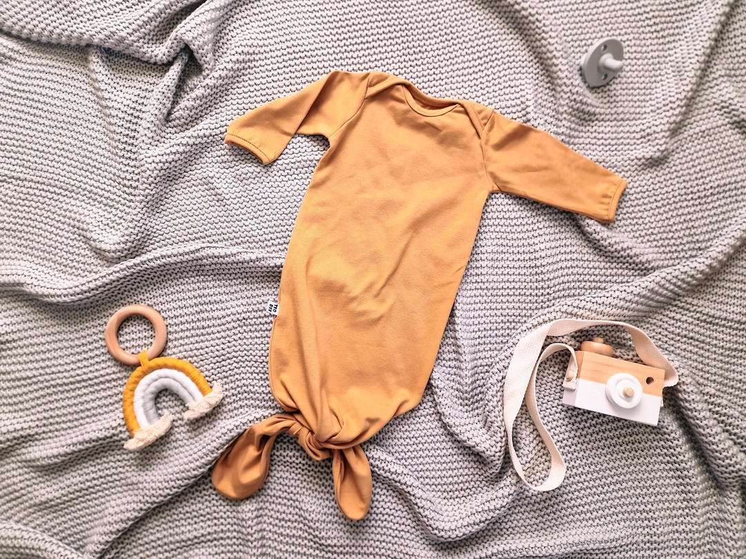 Mustard Knotted Baby Gown With Top Knot Hat or Headband, Baby Girl ...