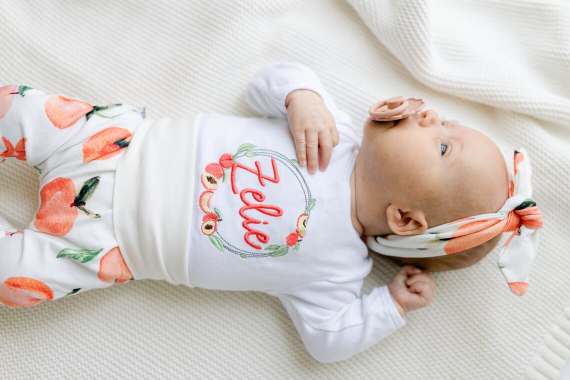 Peach Baby Girl Outfit With Embroidered Name Bodysuit, Pants and Top ...