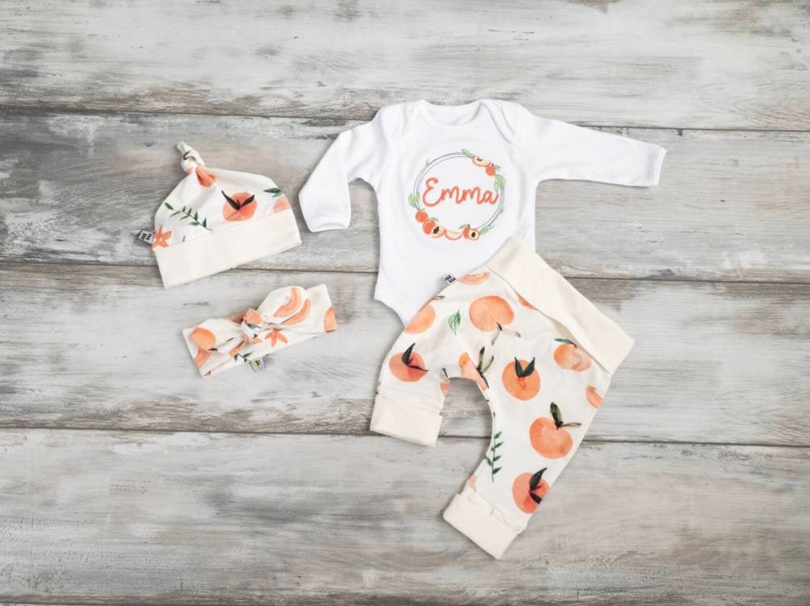 Peach Baby Girl Outfit With Embroidered Name Bodysuit, Pants and Top ...