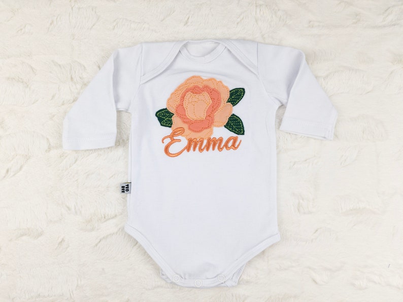 Light Peach Peonies Custom Baby Girl Outfit With Bodysuit, Pants and ...