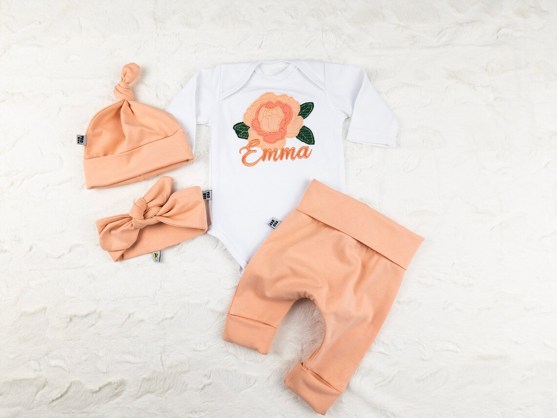 Light Peach Peonies Custom Baby Girl Outfit With Bodysuit, Pants and ...