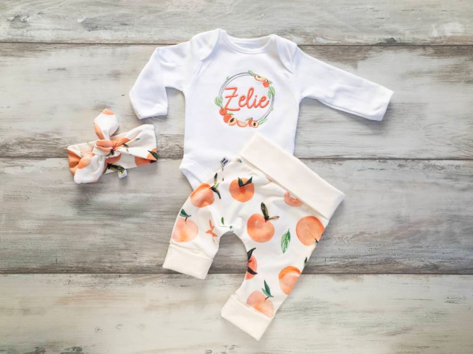 Peach Baby Girl Outfit With Embroidered Name Bodysuit, Pants and Top ...