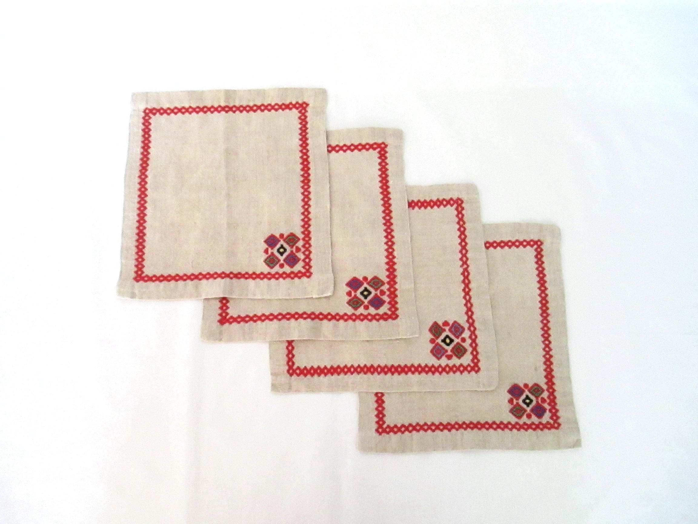 Vintage Set of Linen Napkins Retro 1970's Embroidered - Etsy