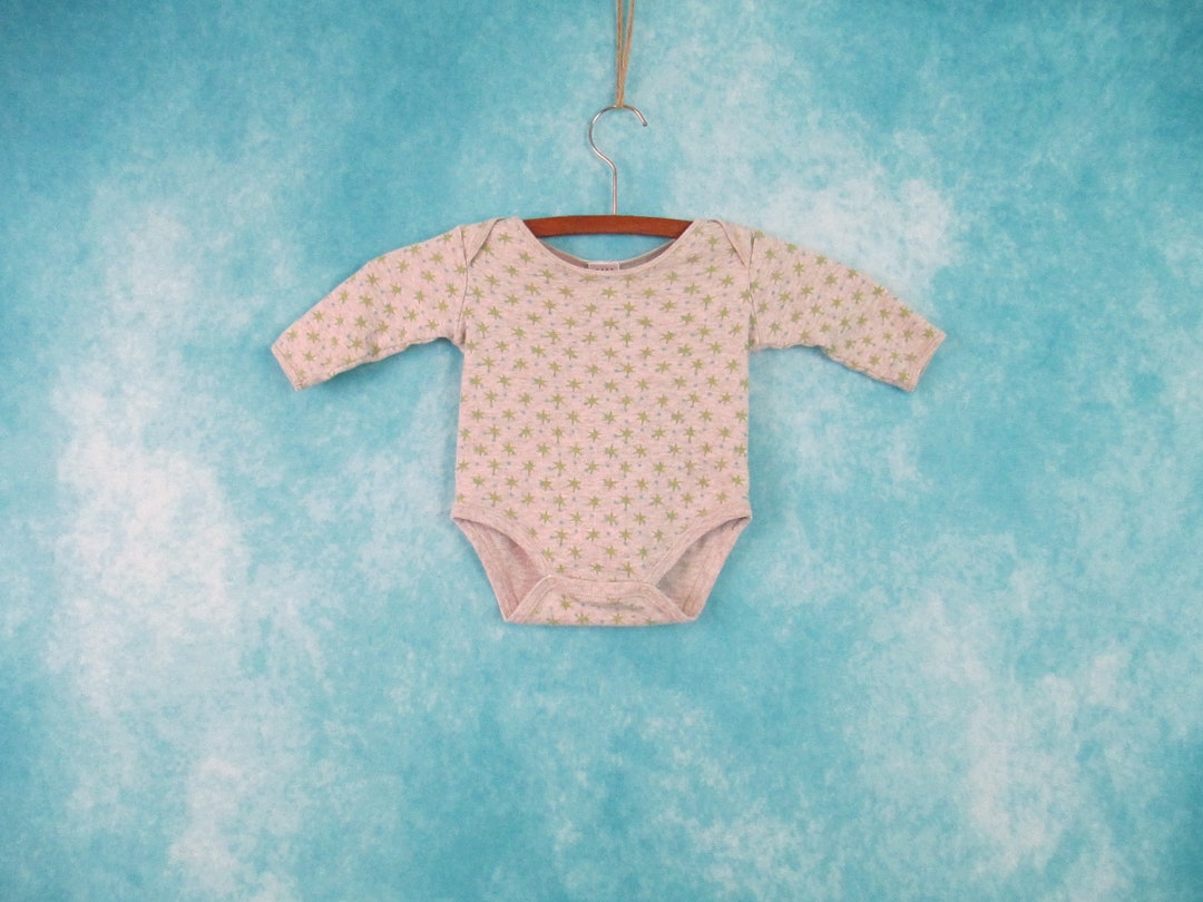 Vintage Baby Gap 3-6 Months Onesie Gray With Green Stars and Blue Polka Dot Cotton Long Sleeve ...