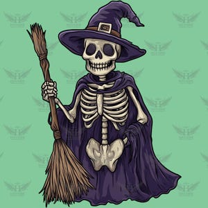 Grim Halloween Specter: Skeletal Witch Art, Purple Robe & Broomstick ...