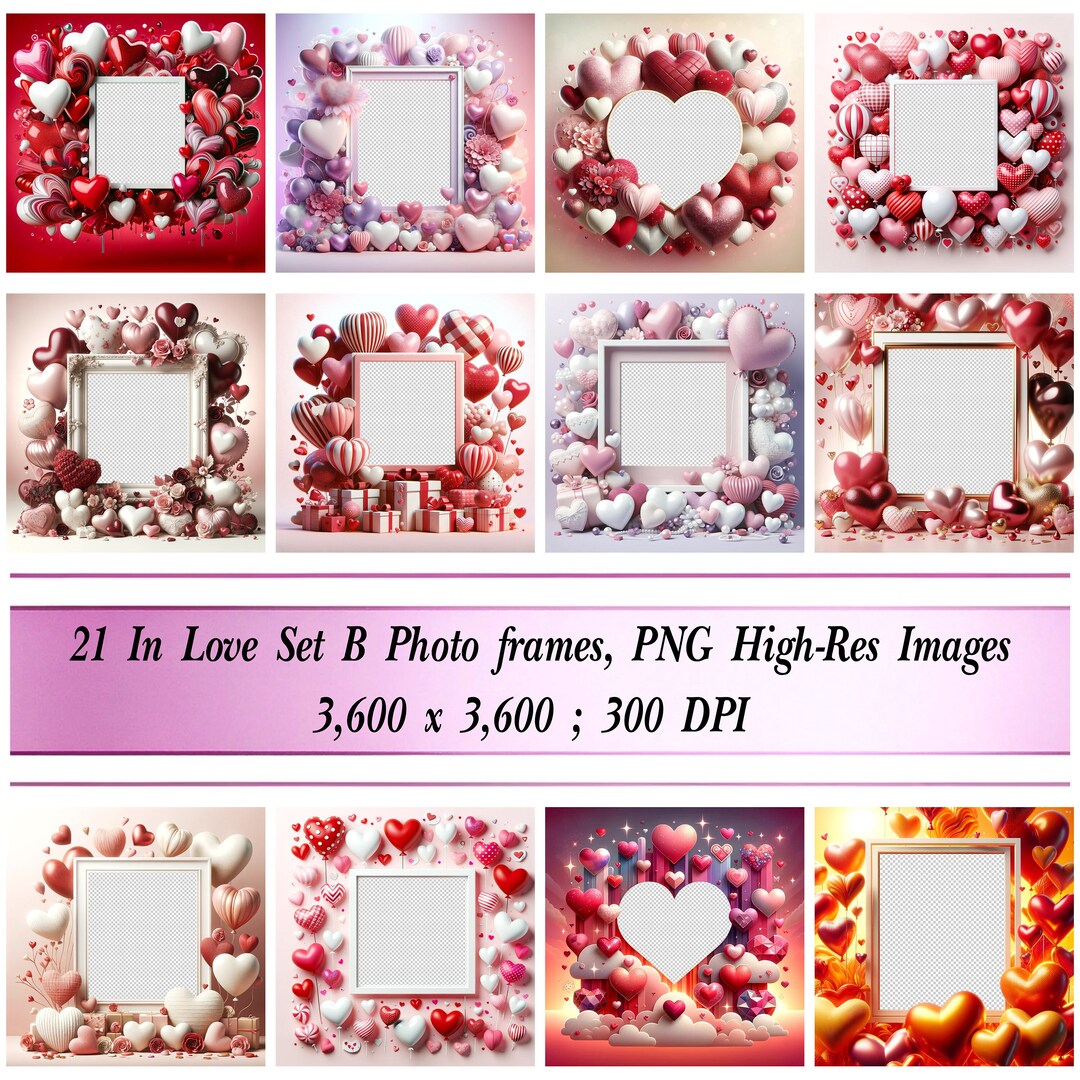 SET B, Valentine's Day Romantic Photo Frame Collection, PNG, 21 Elegant ...