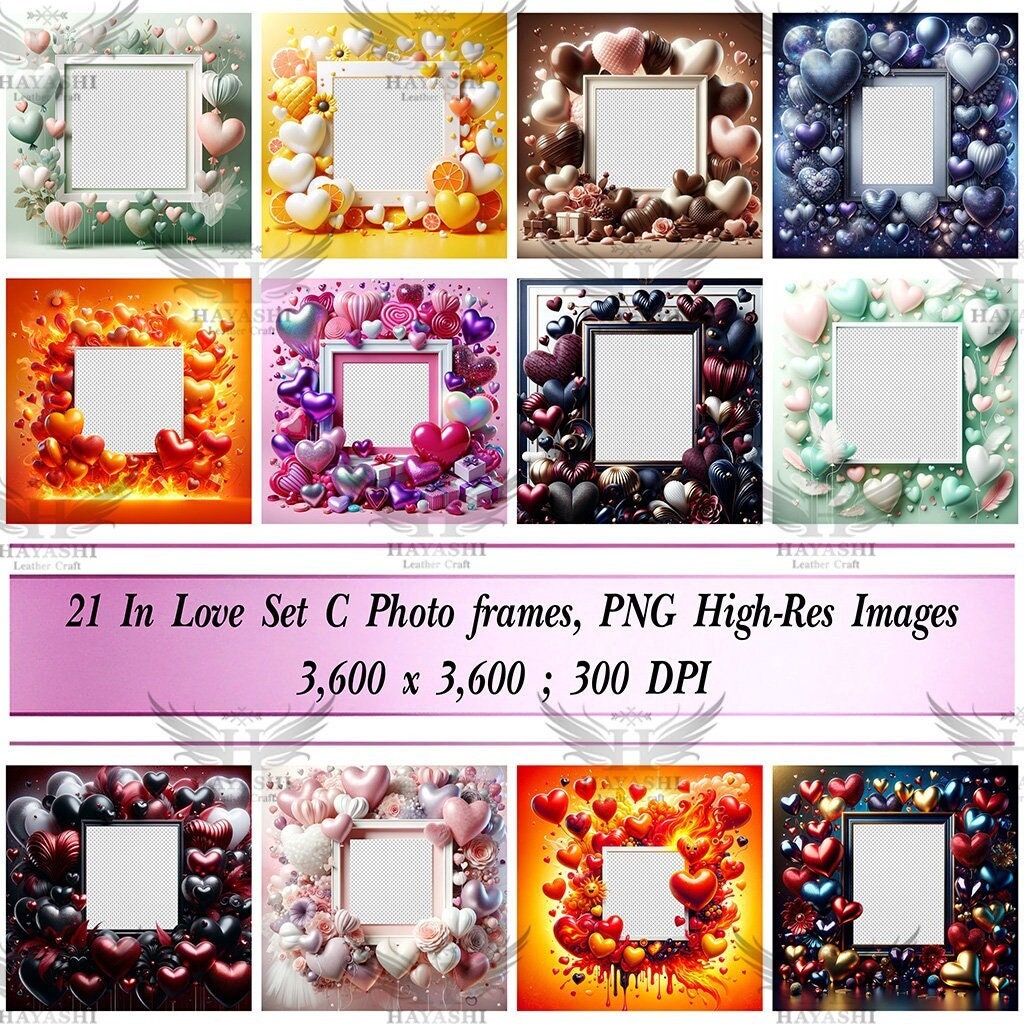 SET C, Valentine's Day Romantic Photo Frame Collection, PNG, 21 Elegant ...