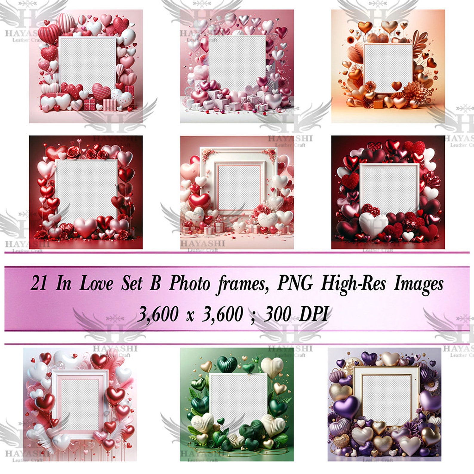 SET B, Valentine's Day Romantic Photo Frame Collection, PNG, 21 Elegant ...