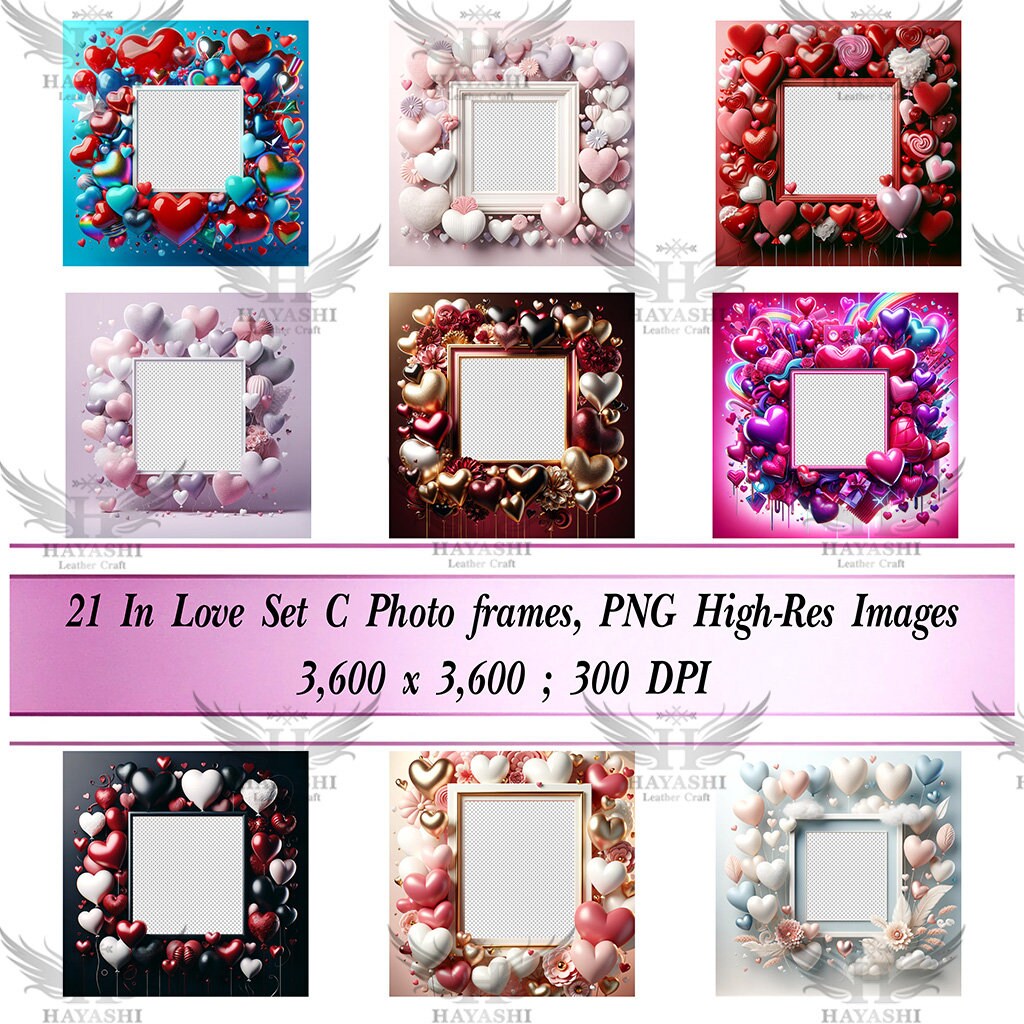 SET C, Valentine's Day Romantic Photo Frame Collection, PNG, 21 Elegant ...