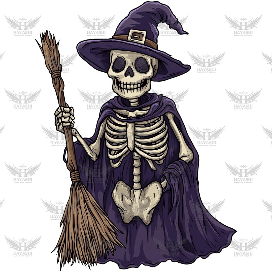 Grim Halloween Specter: Skeletal Witch Art, Purple Robe & Broomstick ...