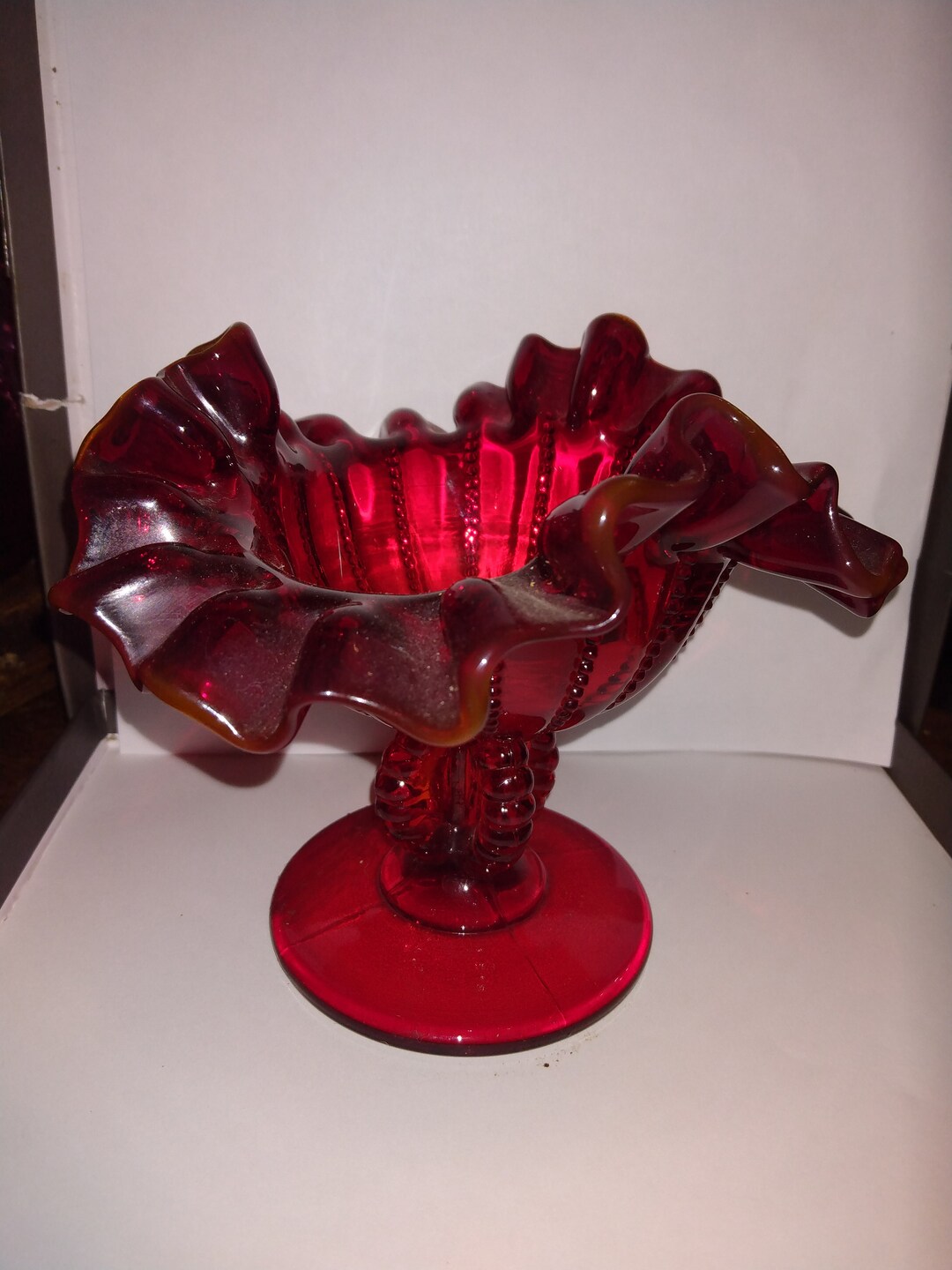 Vintage Fenton Ruby Red Vintage LG Wright Ruffled Glass Compote - Etsy