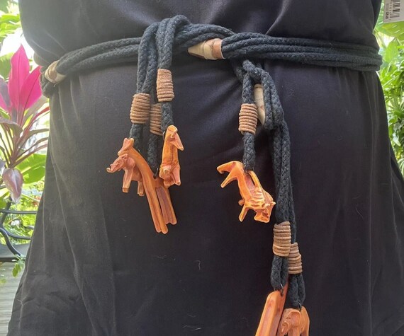 Vintage African Theme Belt Braided Rope Animals - Gem