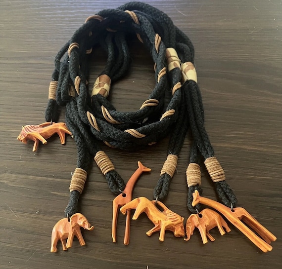 Vintage African Theme Belt Braided Rope Animals - Gem