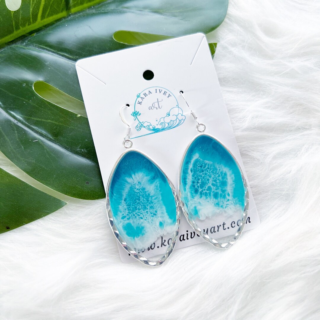 Silver Resin Ocean Earrings, Resin Beach Jewelry, Beach Jewelry, Ocean ...