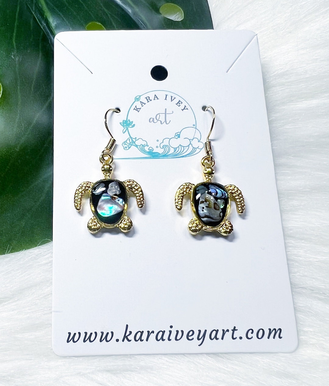 Gold Sea Turtle and Abalone Earrings, Resin Beach Jewelry, Ocean ...