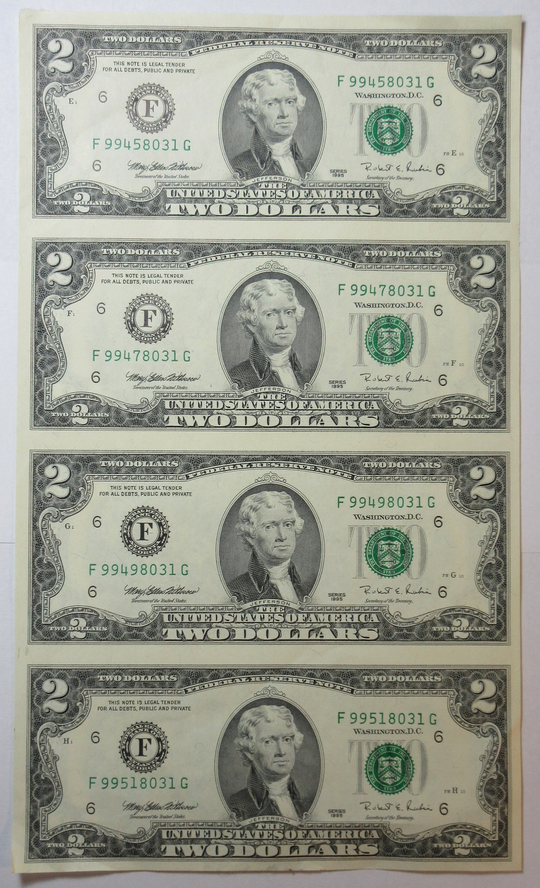 1995 Uncut Sheet of Green Seal Two Dollar Notes (#e928g) - Etsy