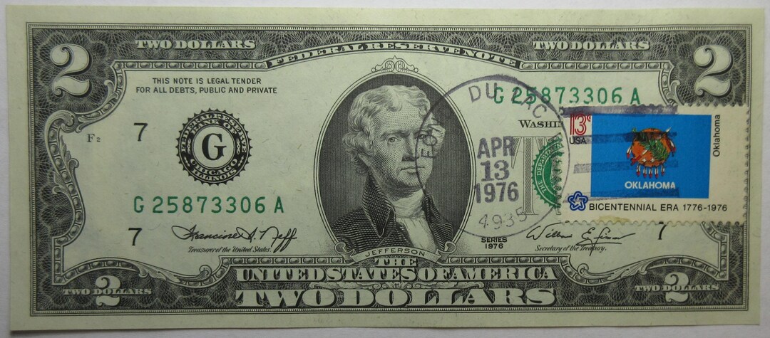 1976 United States Two Dollar Federal Reserve Note First Day of Issue ...
