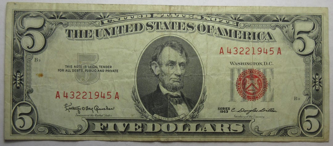 1963 United States Red Seal Five Dollar Note (#E213J) - Etsy
