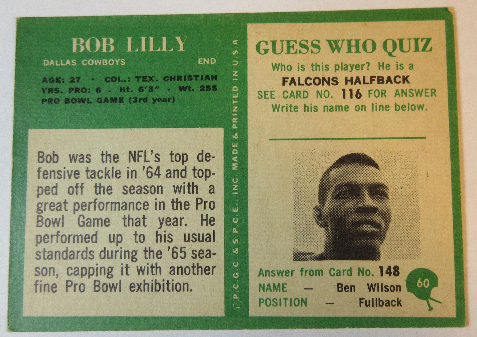 1966 Philadelphia Bob Lilly Card No. 60 (#e55b) - Etsy