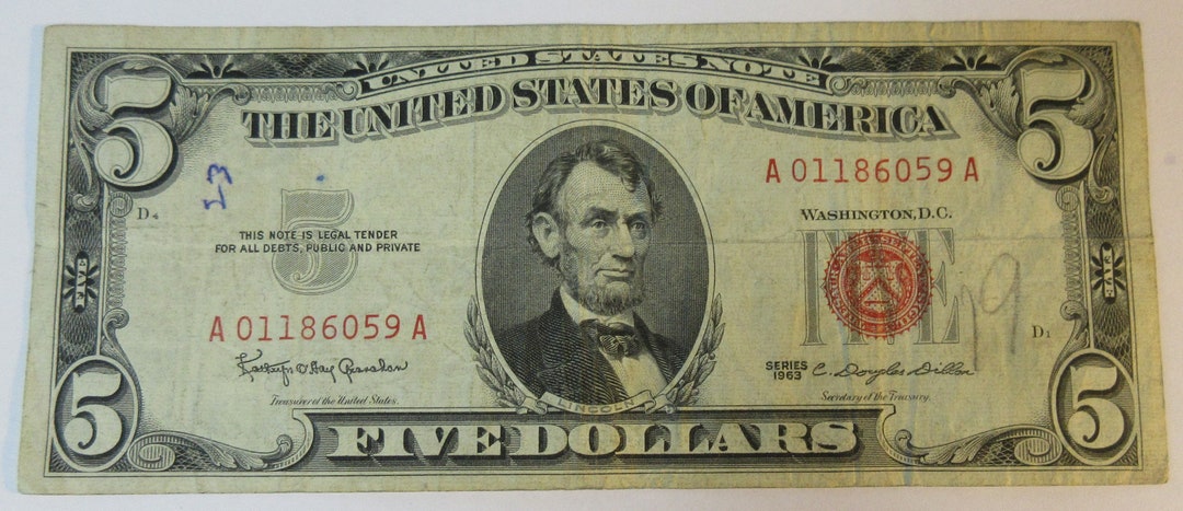 1963 United States Note 5 Dollar Red Seal (#e923a) - Etsy