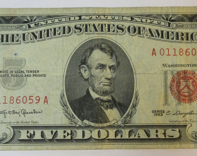 1963 United States Note 5 Dollar Red Seal (#e923a) - Etsy
