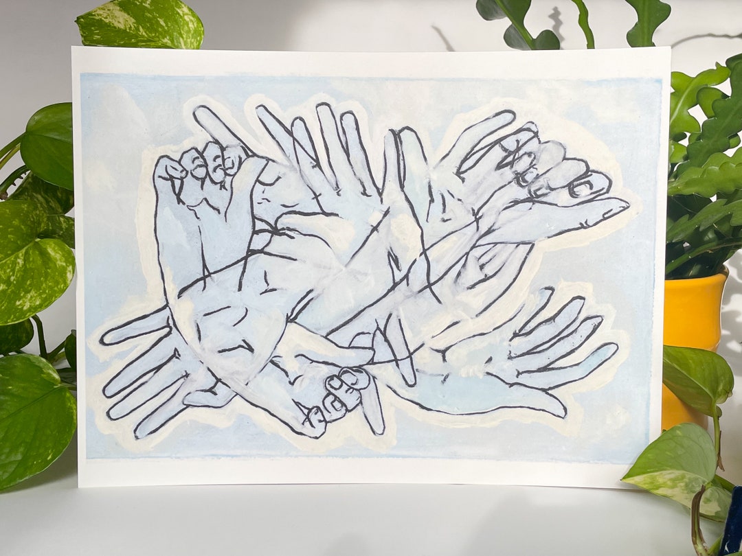 Hand Painting, 9X12 Art Print, Blue Hands Oil Painting and Charcoal ...