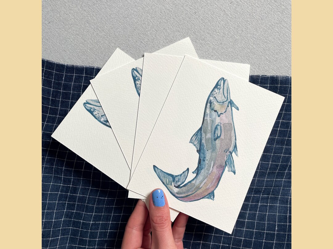 Salmon Fish Postcards- Set of 4 Fishing Cards, Heavy Weight Watercolour ...