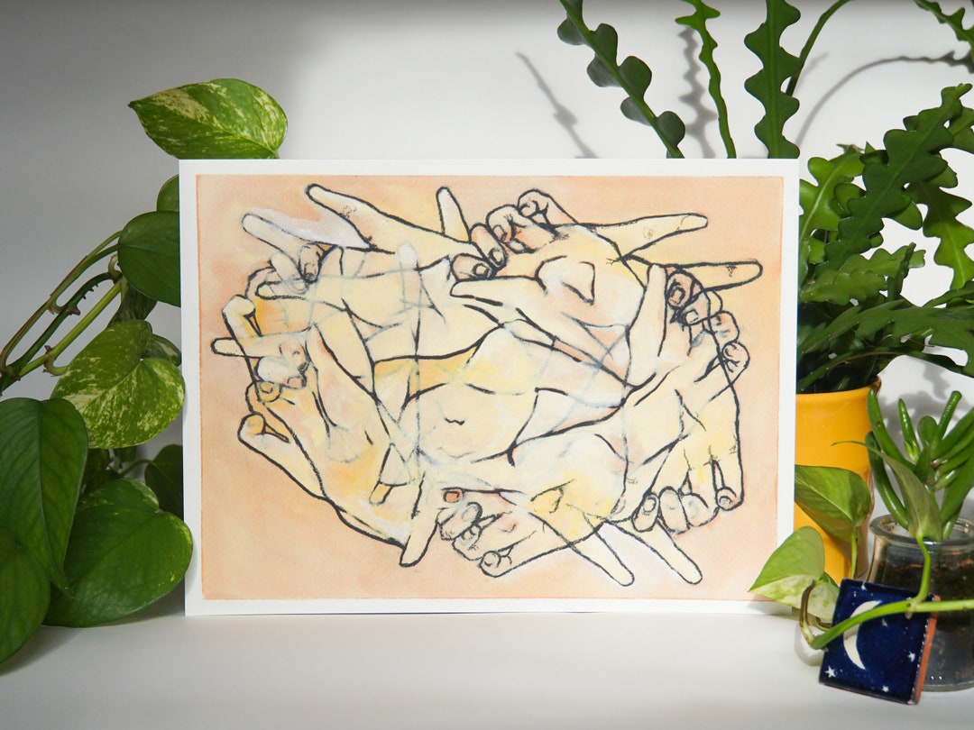 Hand Painting, 9X12 Art Print, Yellow Hands Oil Painting and Charcoal ...