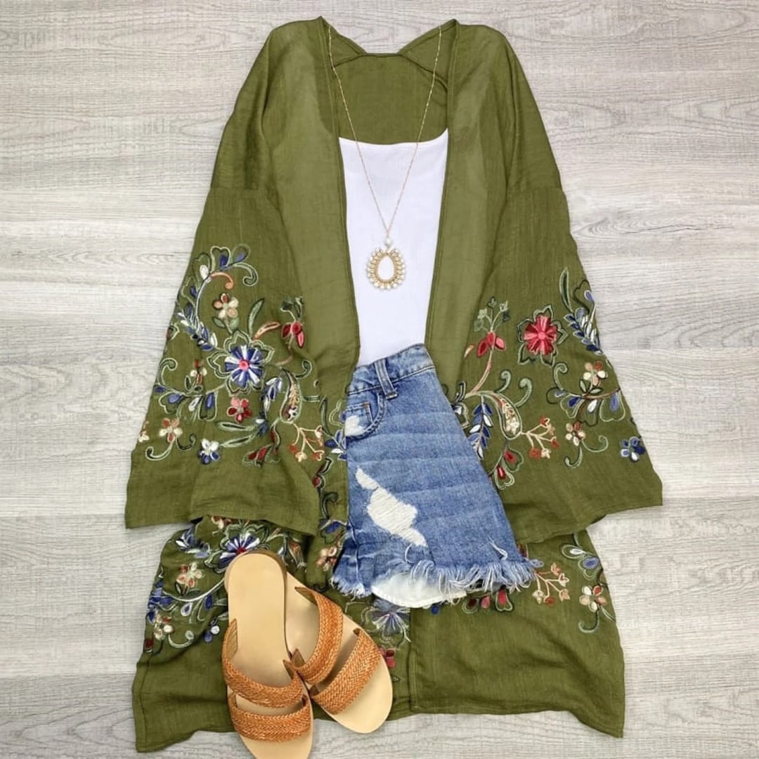 Long Sleeve Embroidered Kimono - Etsy