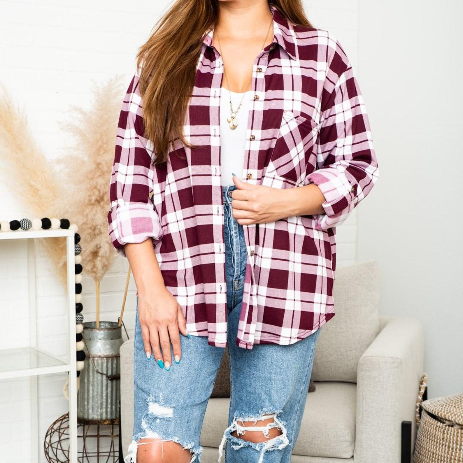 Luna Oversized Long Sleeve Button up Plaid Fall Shirt Western Southwestern Women's Top Button up ...
