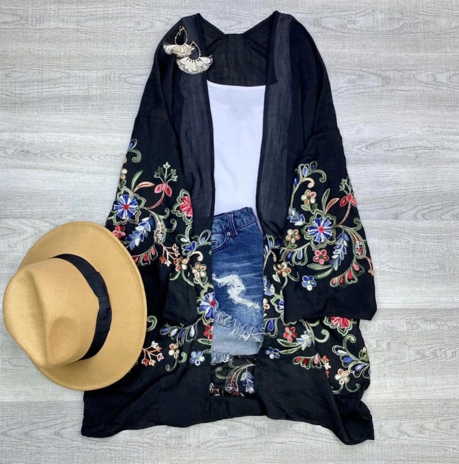 Long Sleeve Embroidered Kimono - Etsy