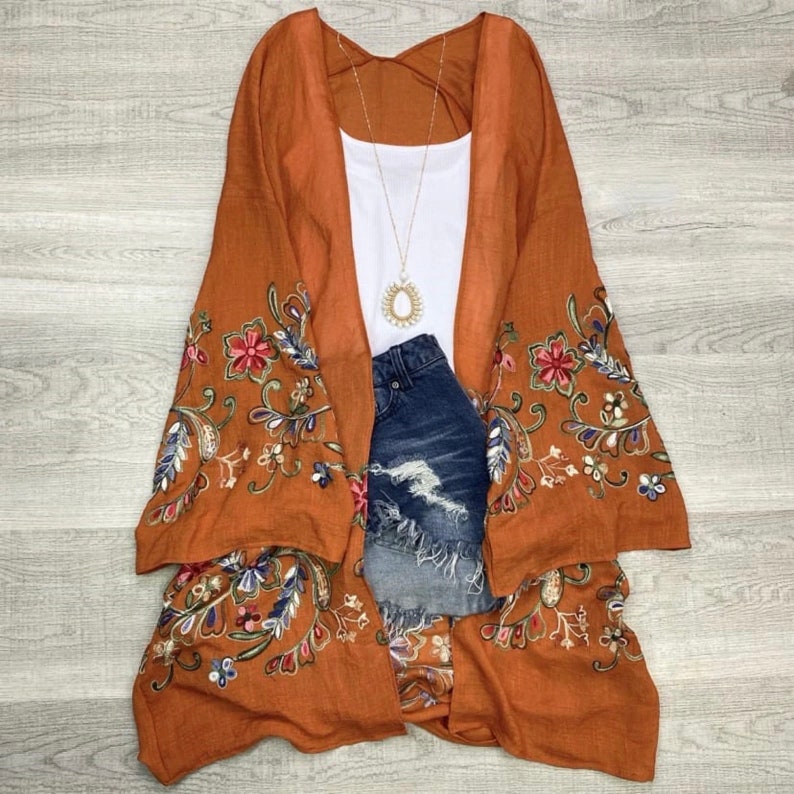 Long Sleeve Embroidered Kimono - Etsy