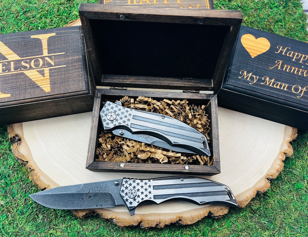 Personalized USA Flag Pocket Knife & Engraved Wood Gift Box - Etsy