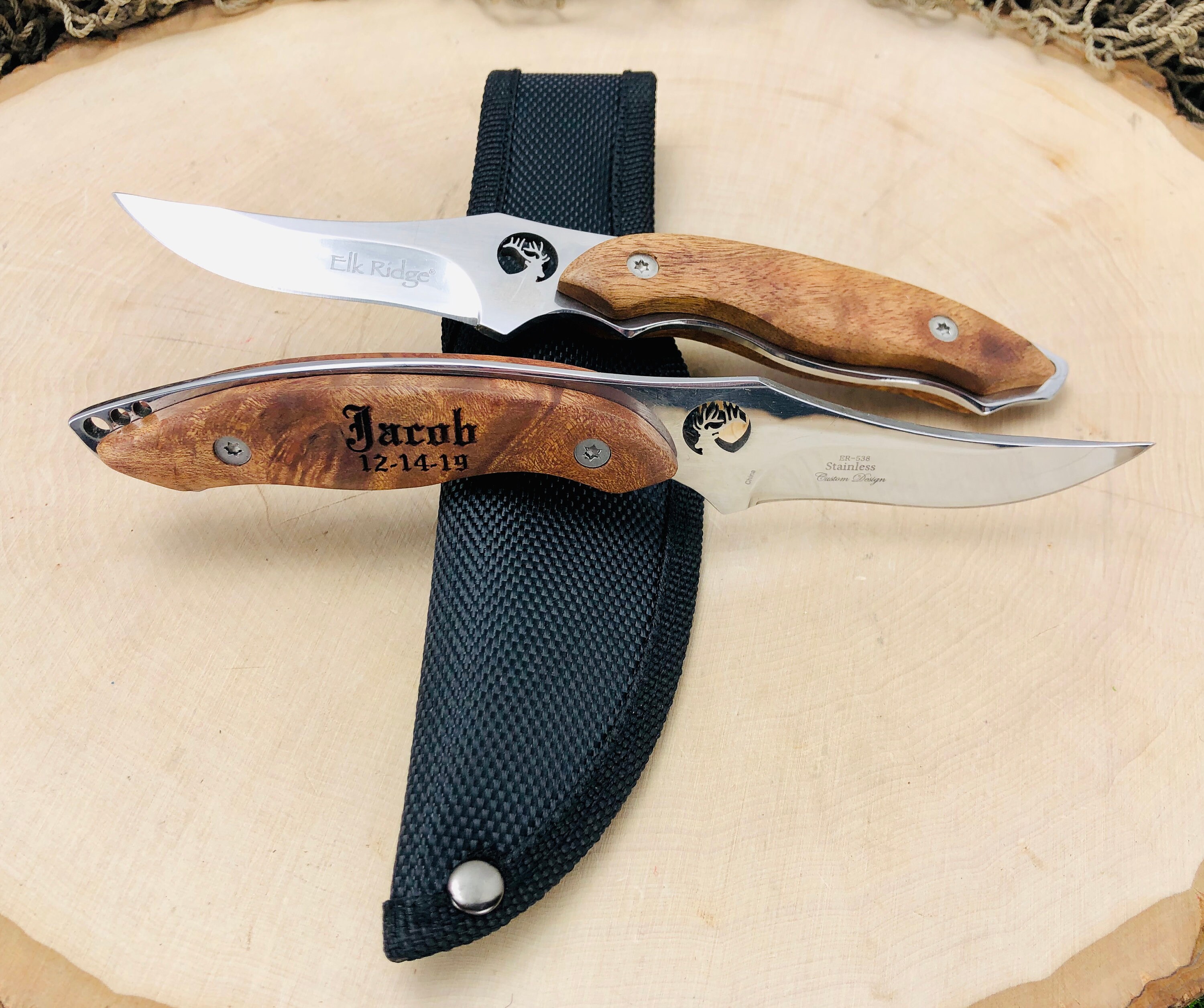Set of 7 Personalized Burl Wood Hunting Knives: Groomsmen Gifts - Etsy