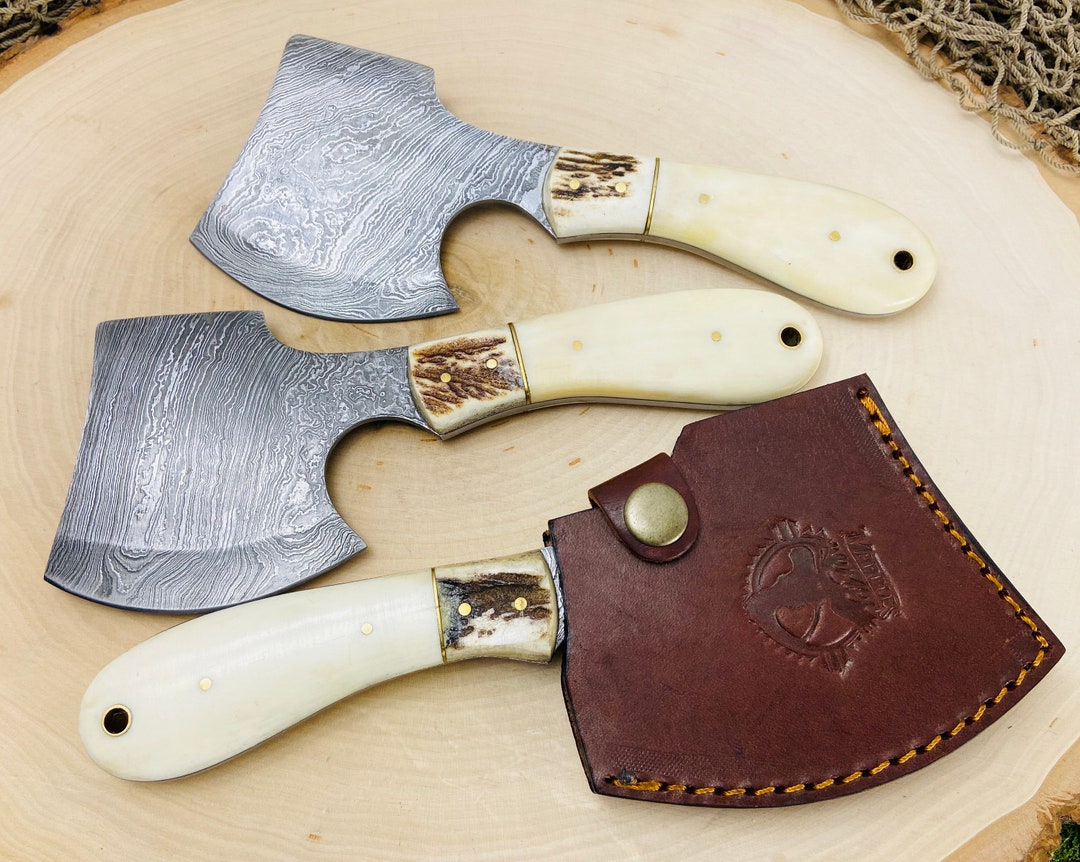 Personalized Damascus Steel Mini Hatchet Set: Bone Handle, Leather ...