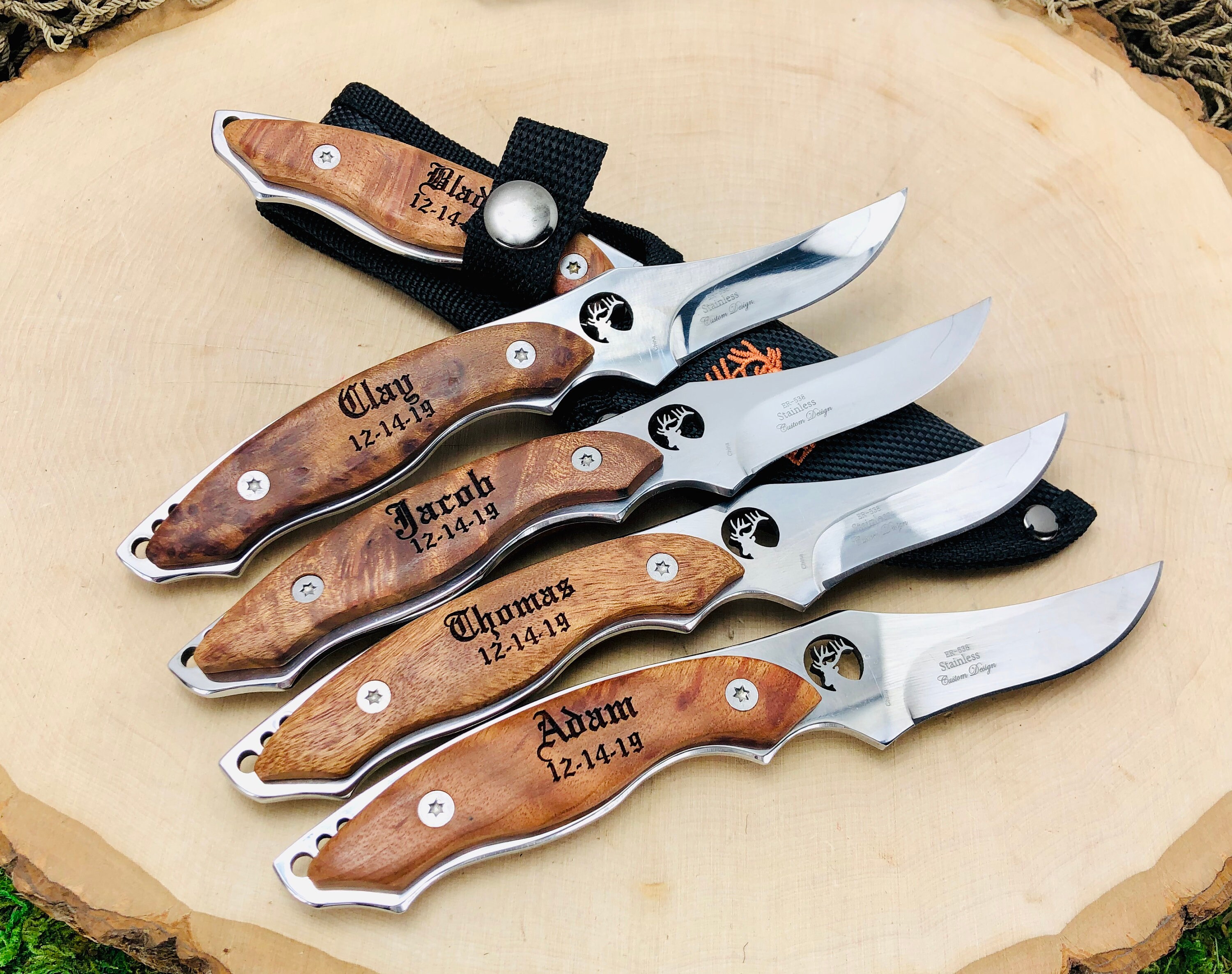 Set of 7 Personalized Burl Wood Hunting Knives: Groomsmen Gifts - Etsy
