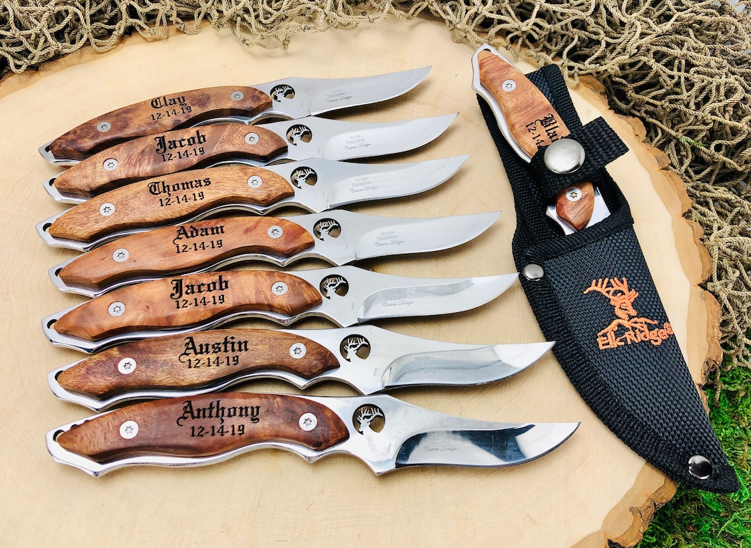 Set of 8 Personalized Burl Wood Hunting Knives: Groomsmen Gifts - Etsy