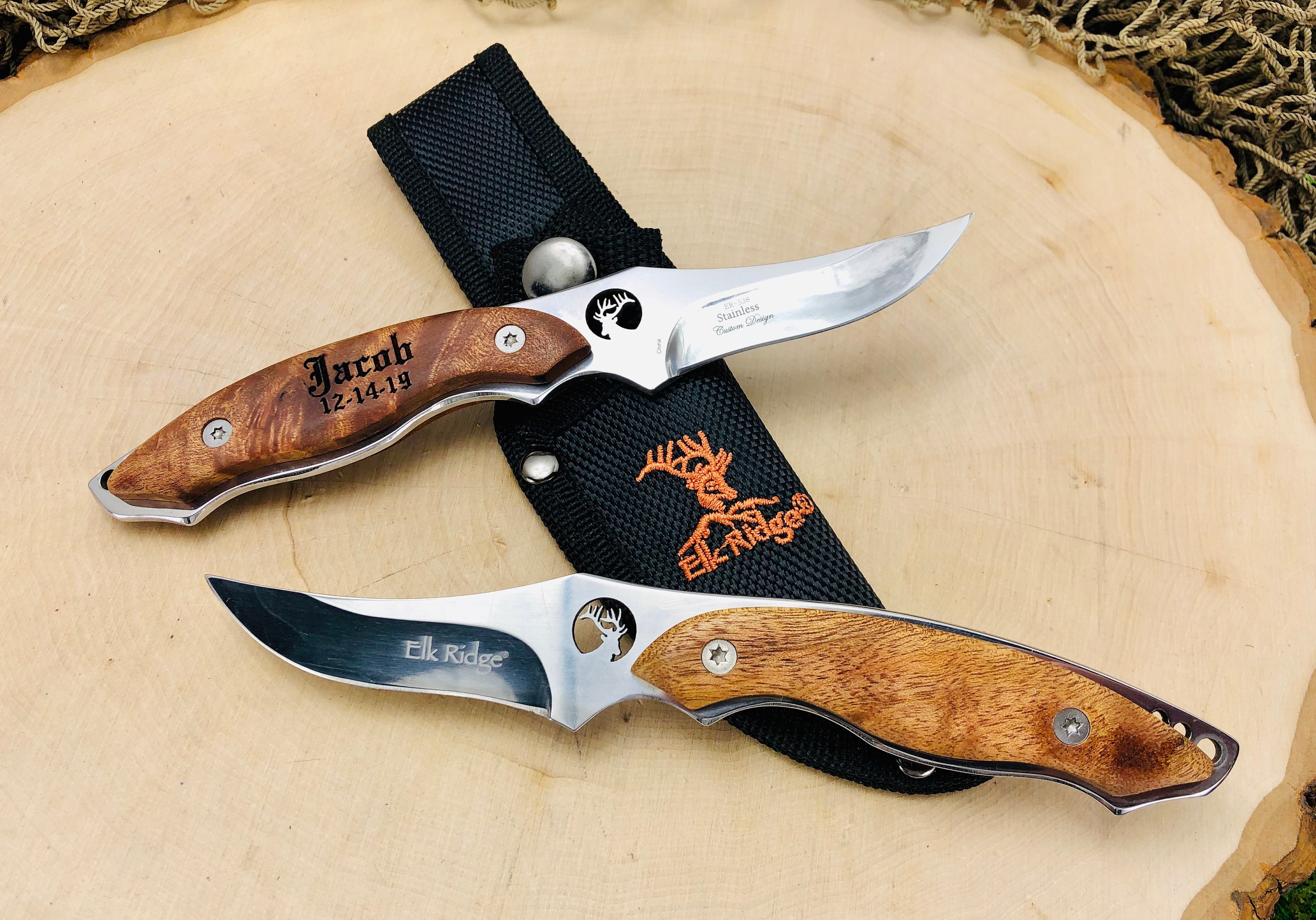Set of 7 Personalized Burl Wood Hunting Knives: Groomsmen Gifts - Etsy