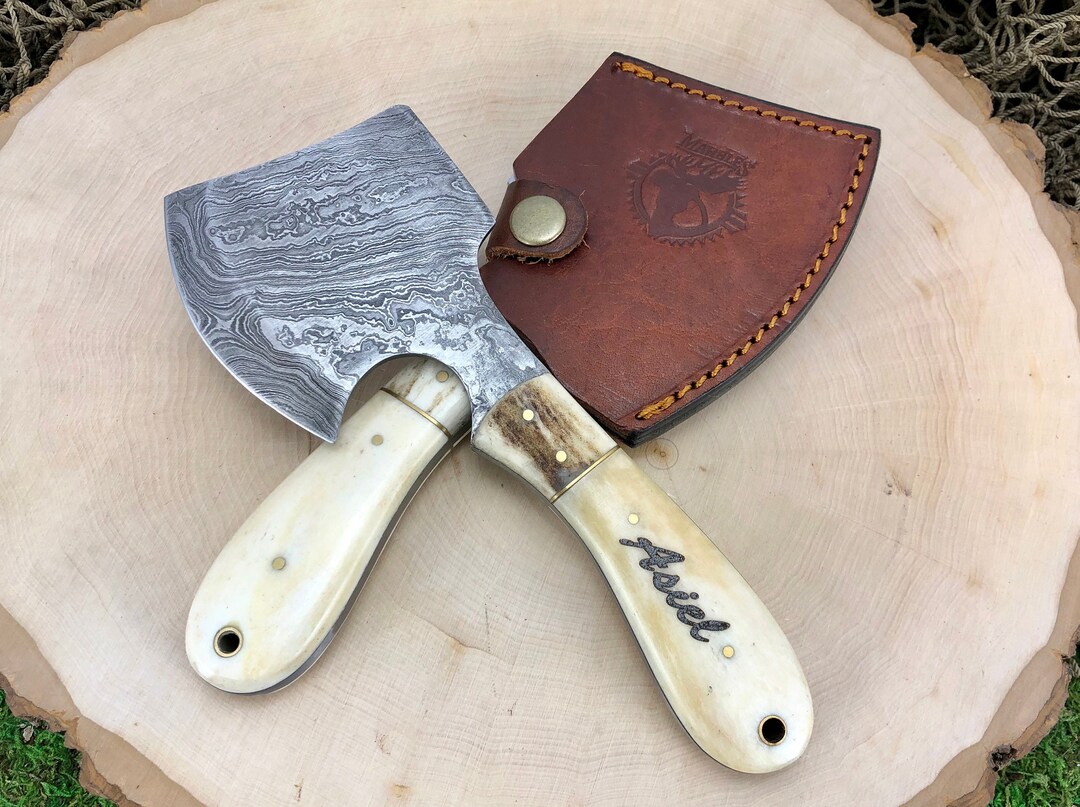 Damascus Steel Mini Hatchet: Engraved Bone Handle, Leather Sheath - Etsy