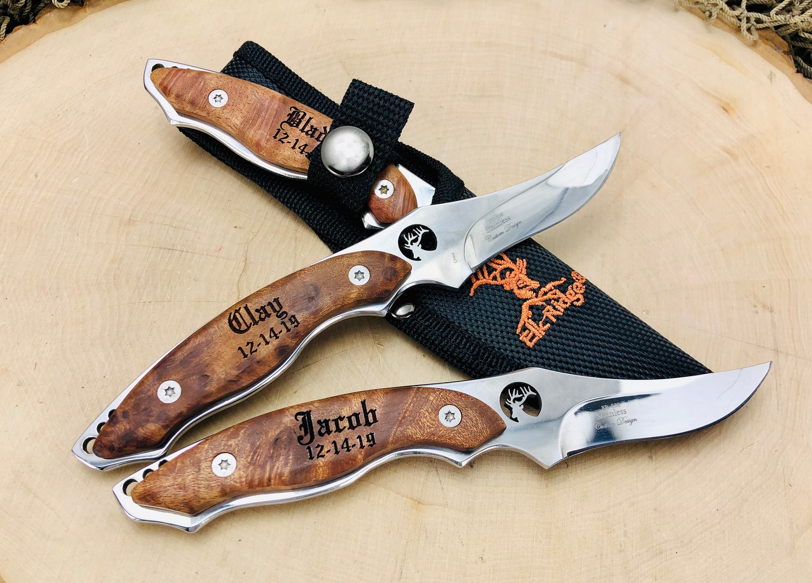 Set of 8 Personalized Burl Wood Hunting Knives: Groomsmen Gifts - Etsy