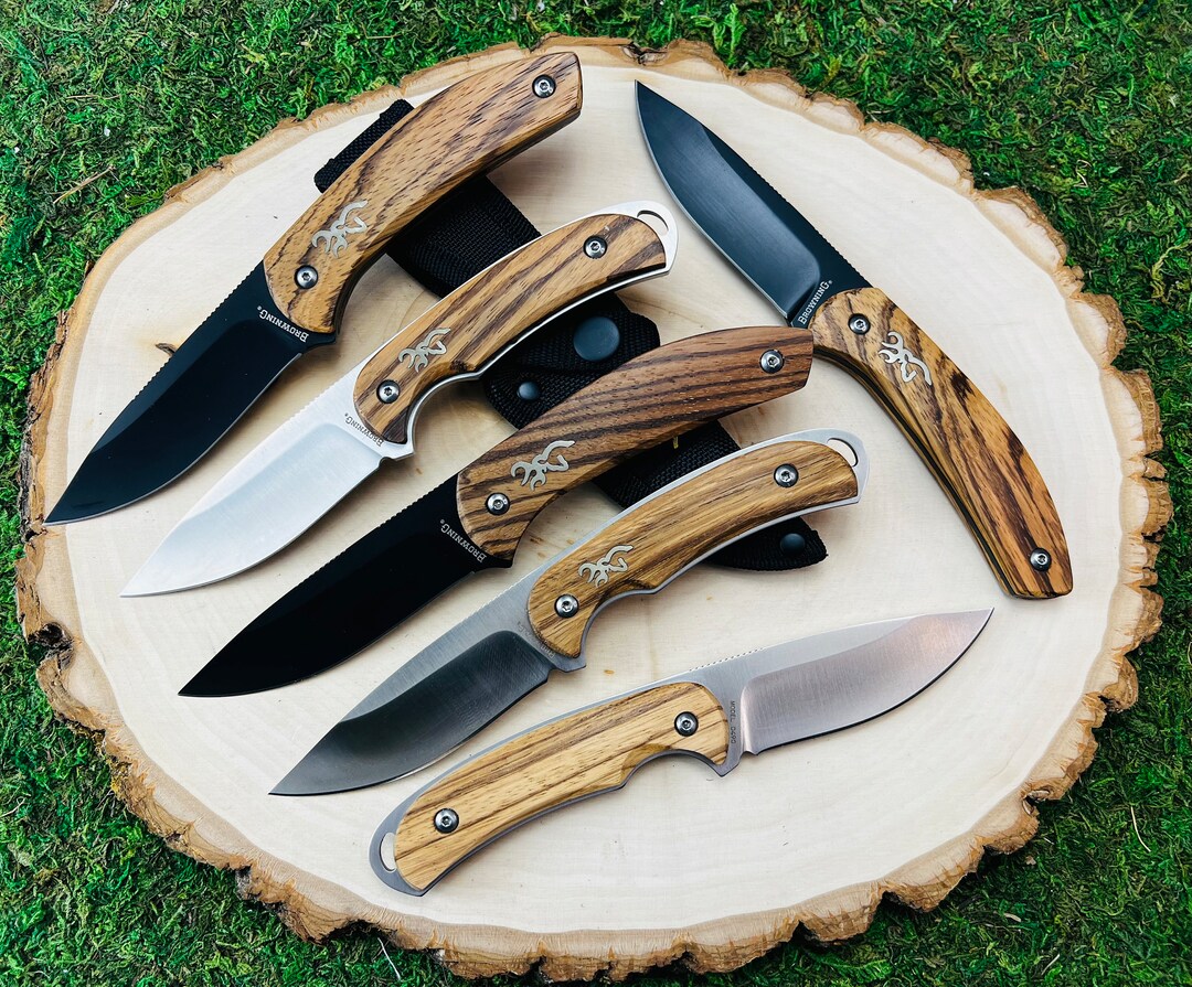 Set of 8 Personalized Browning Hunting Knives: Zebra Wood Handle ...
