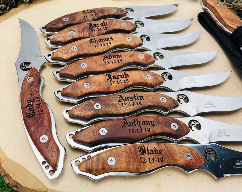 Set of 7 Personalized Burl Wood Hunting Knives: Groomsmen Gifts - Etsy