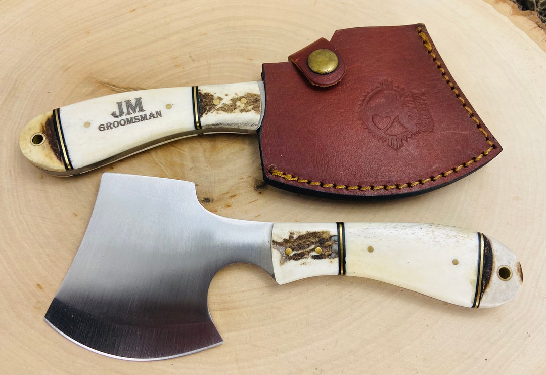 Engraved Mini Hatchet Axe: Bone Handle, Leather Sheath, Groomsmen Gift ...