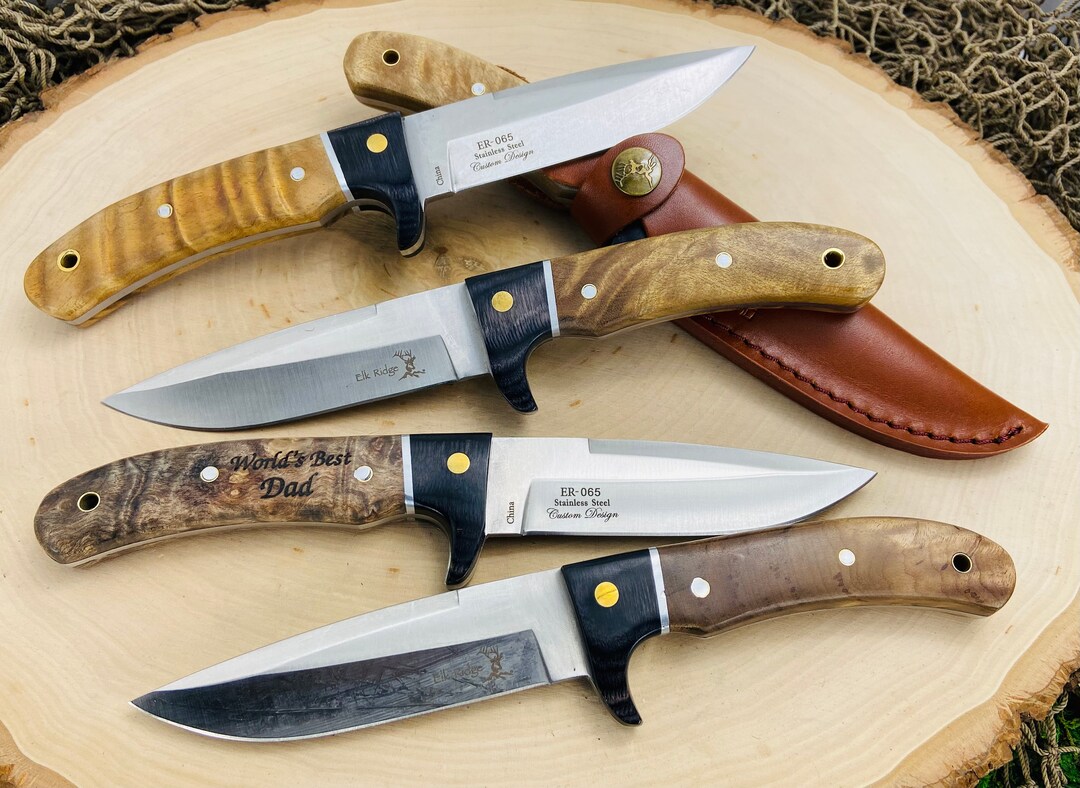 Set of 4 Personalized Burl Wood Hunting Knives, Engraved Leather Sheath ...
