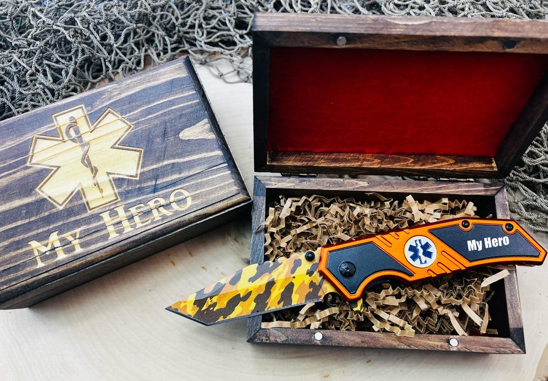 Engraved EMT Gift Set: Camo Knife & Wood Box Keepsake - Etsy
