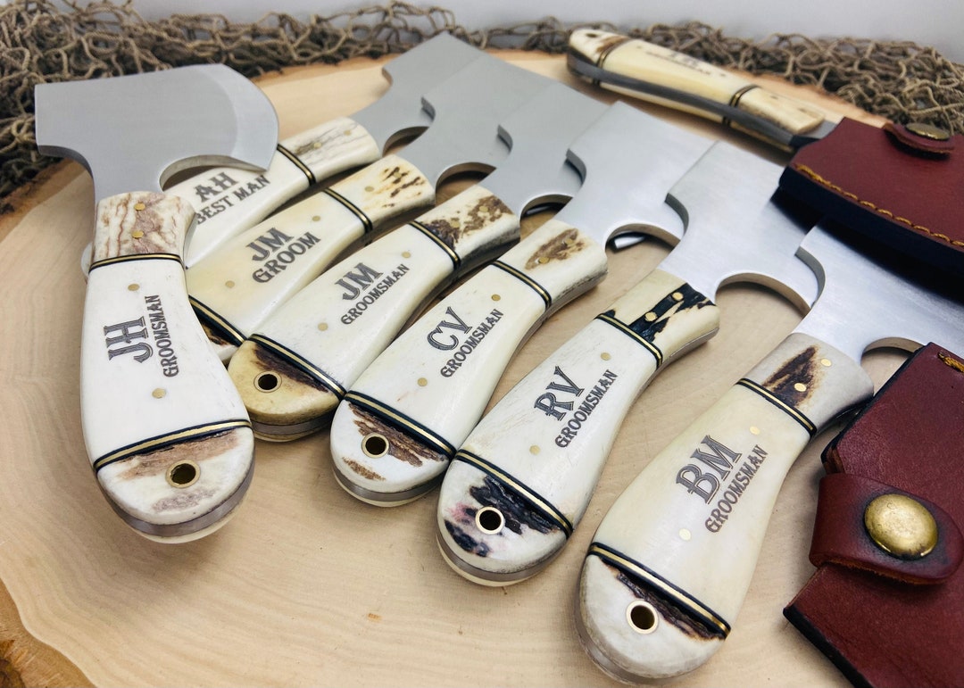 Engraved Bone Handle Mini Hatchet: Groomsmen Gift With Leather Sheath ...