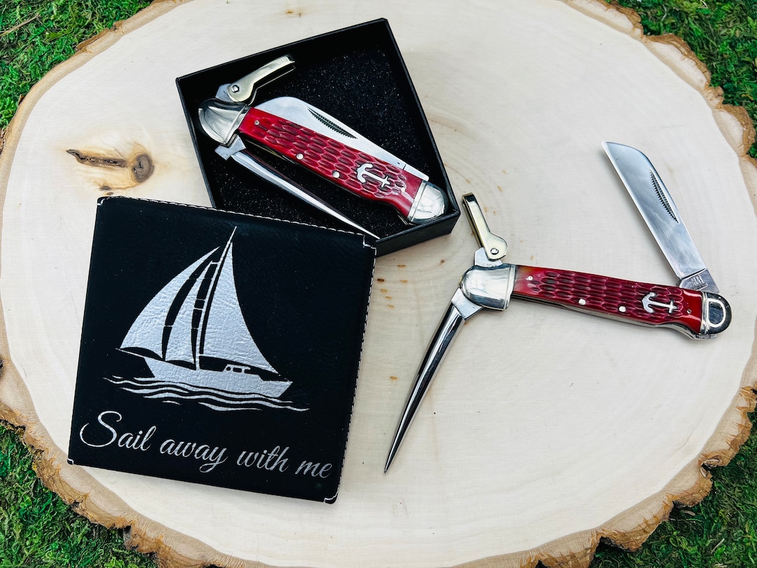 Boating and Sailing Marlin Spike Knife Tool in Custom Engraved Gift Box ...