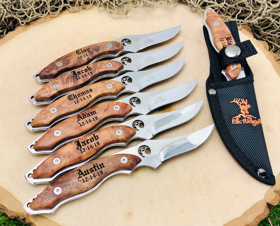 Set of 7 Personalized Burl Wood Hunting Knives: Groomsmen Gifts - Etsy