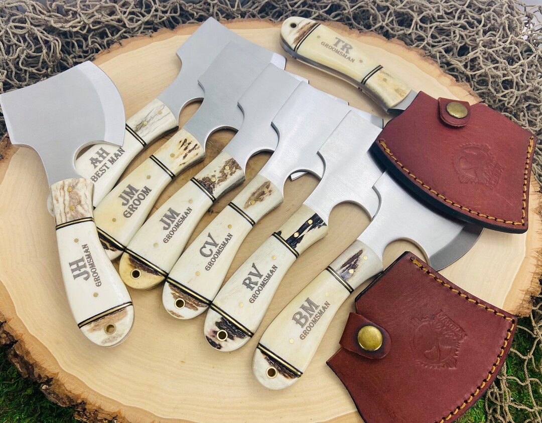Set of 10 Groomsmen Gift Ideas Bone Handle Engraved Mini Hatchets ...